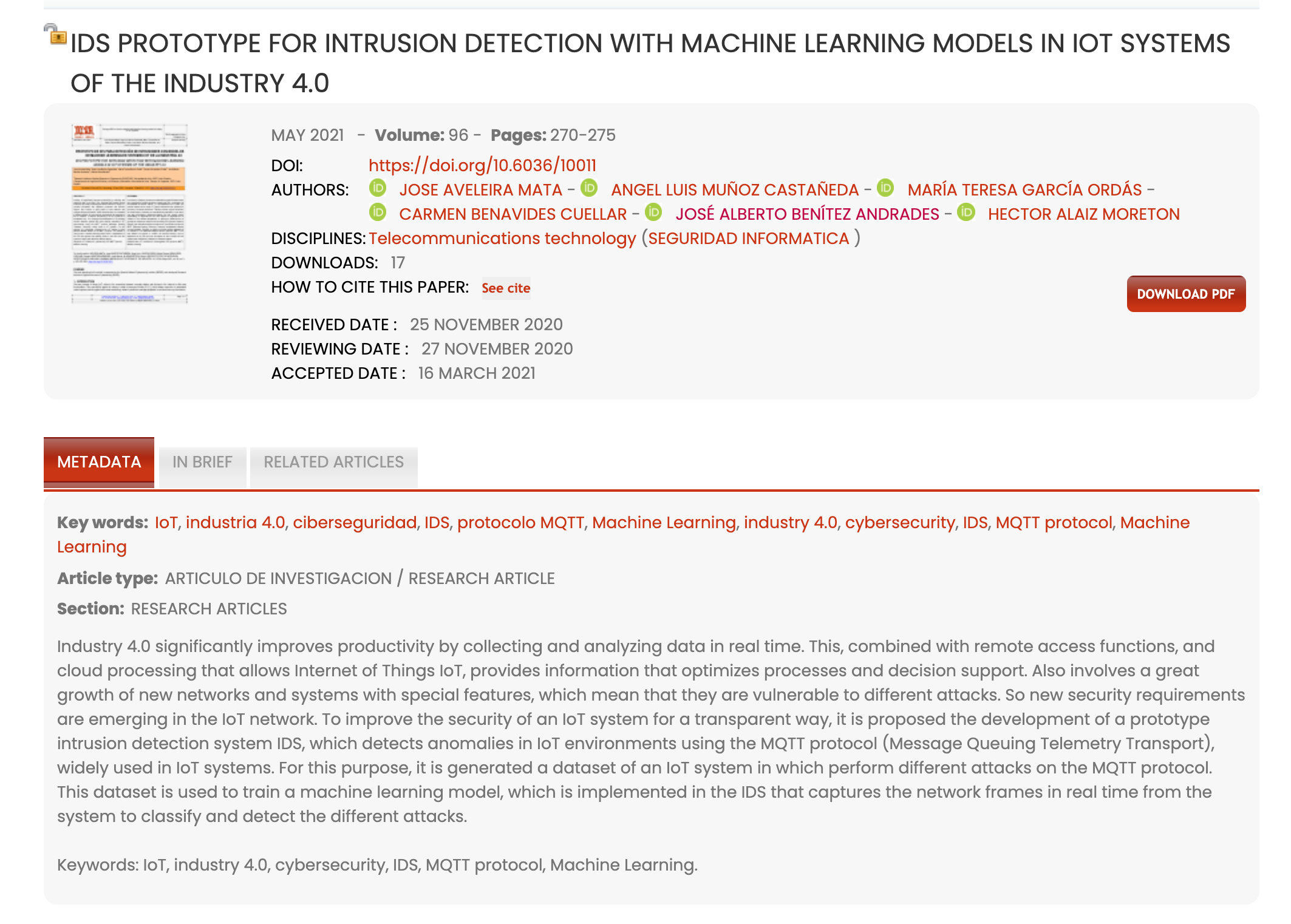 Ids Prototype For Intrusion Detection With Machine Learning Models In Iot Systems Of The