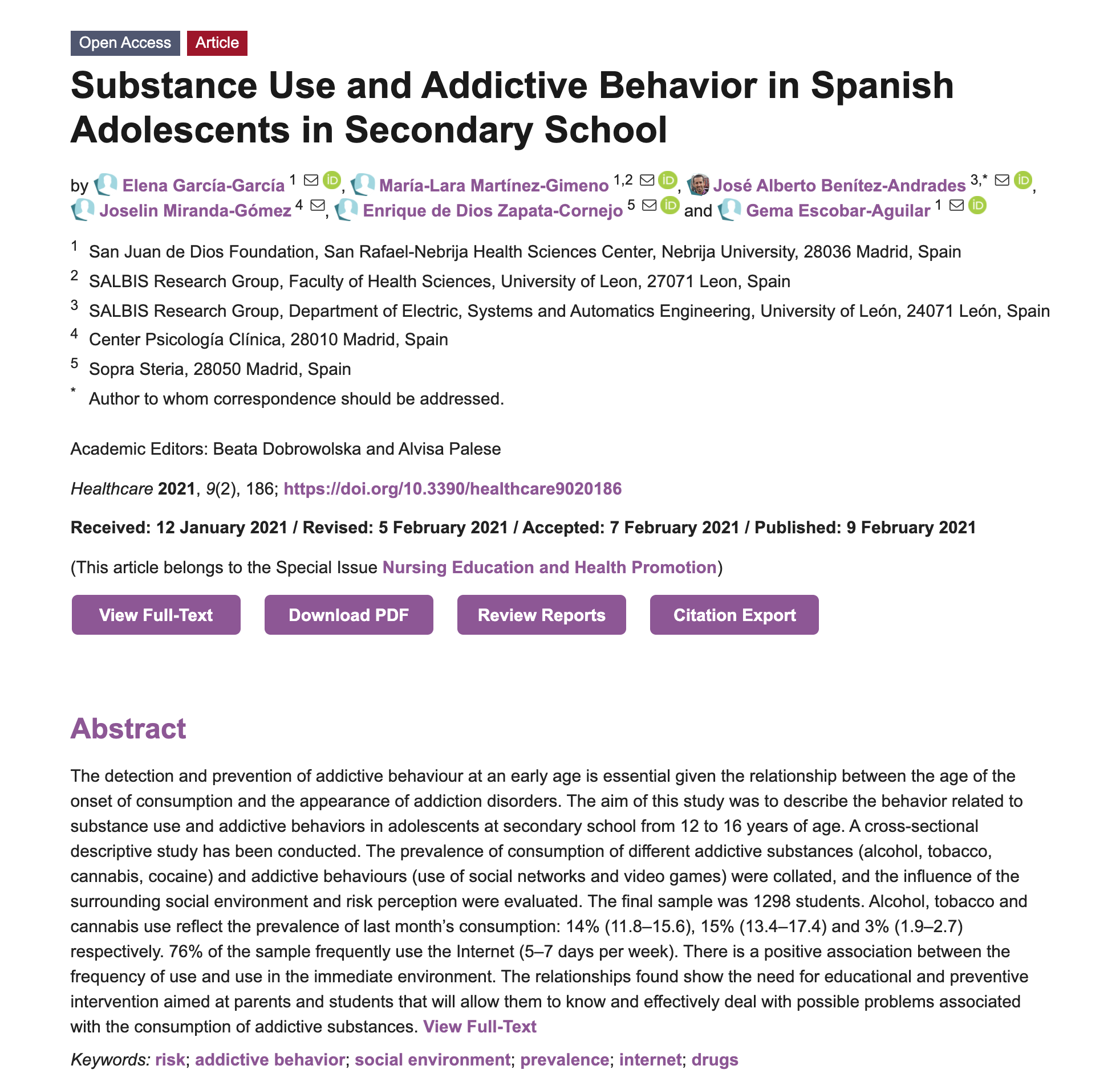Substance Use and Addictive Behavior in Spanish Adolescents in ...