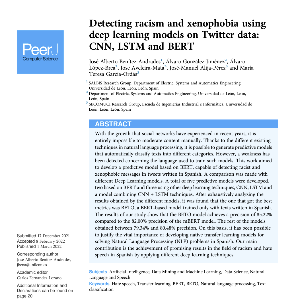 Detecting racism and xenophobia using deep learning models on Twitter data: CNN, LSTM and BERT ...